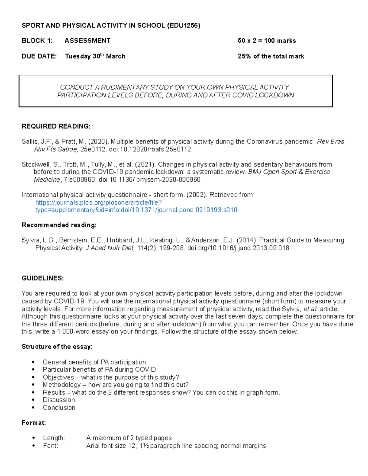 2021 Elective Block 1 assignment 1-2 - SPORT AND PHYSICAL ACTIVITY IN ...