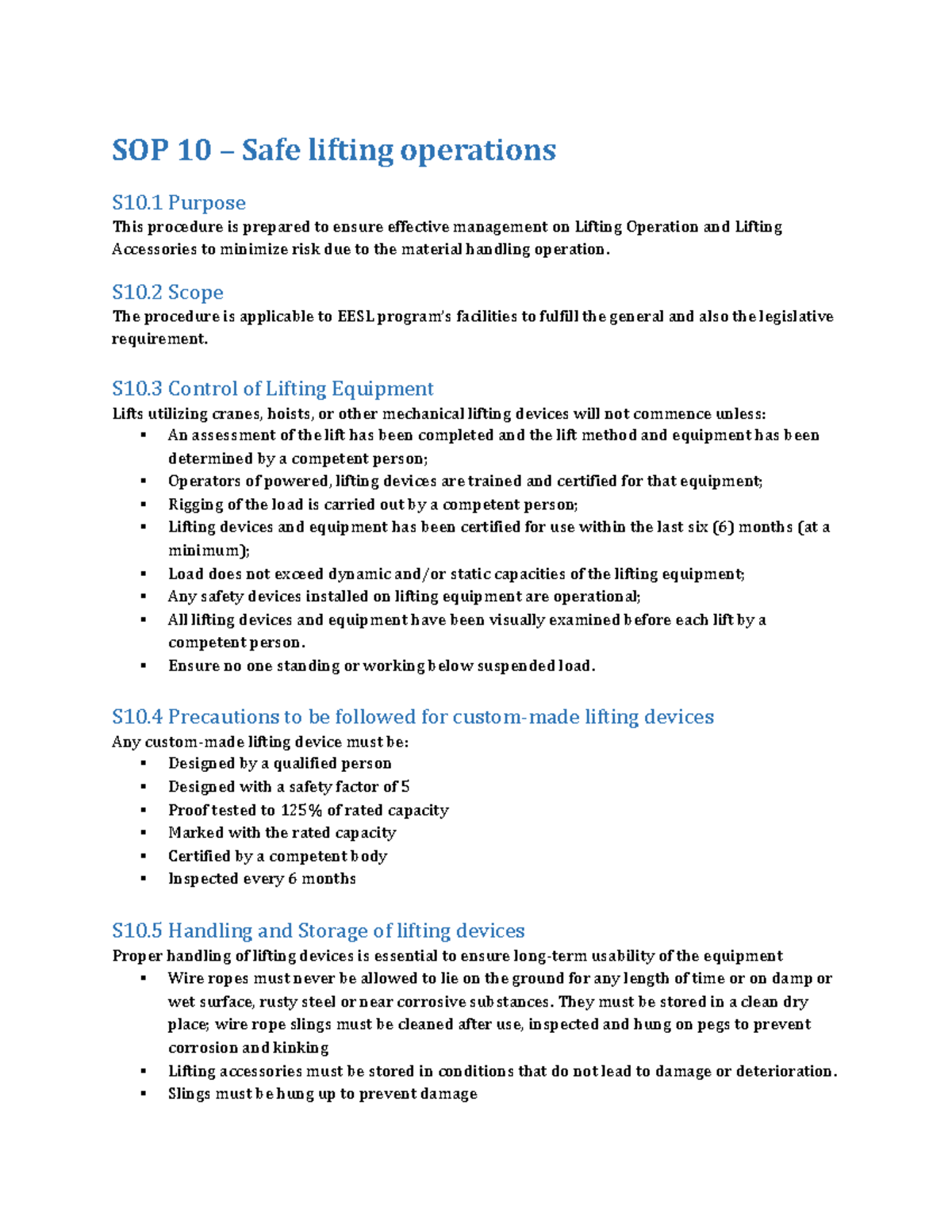 SOP 10 - Safe lifting operations - SOP 10 – Safe lifting operations S10 ...