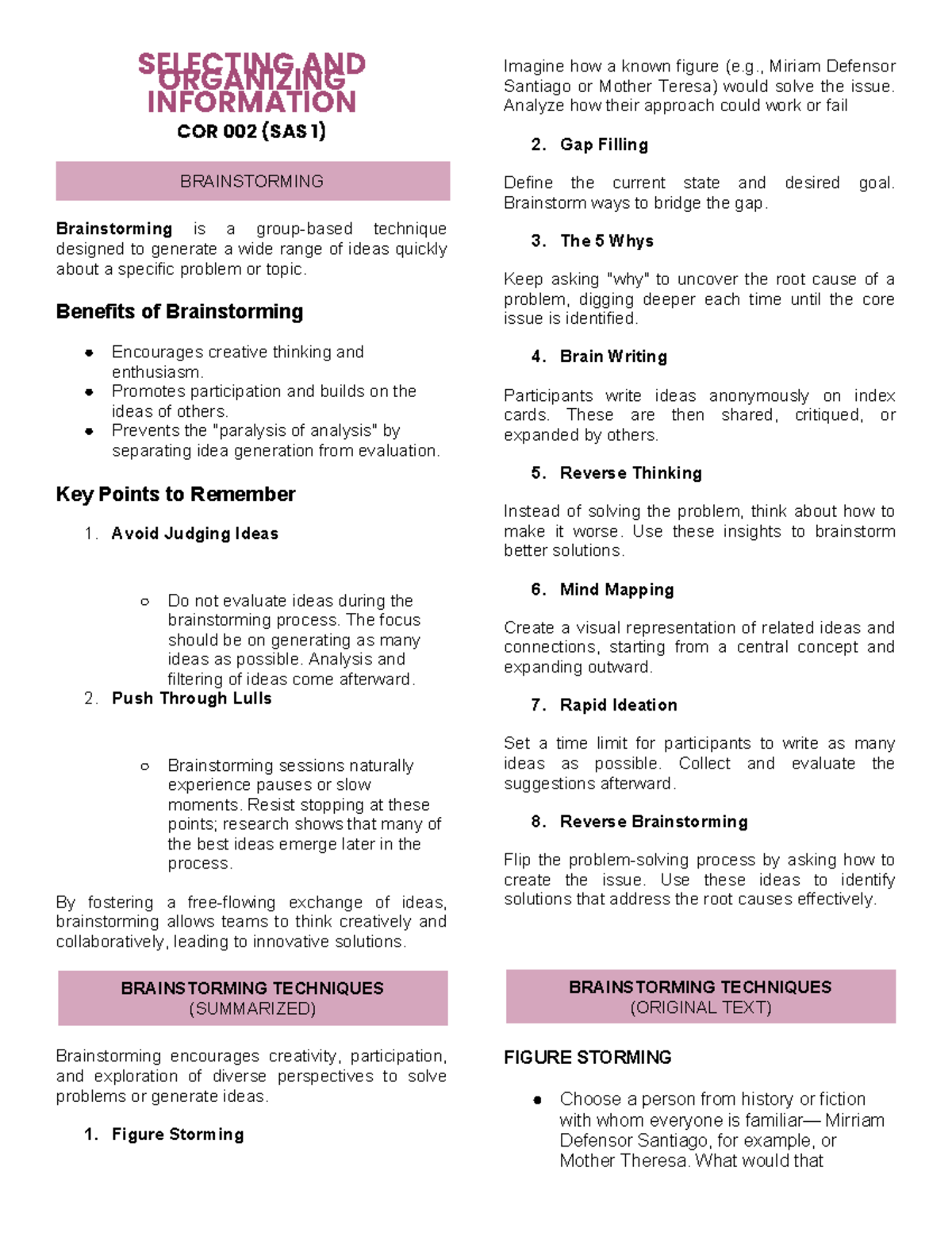 COR 002 Reading AND Writng Skills(SAS 1&2) - SELECTING AND ORGANIZING INFORMATION COR 002 (SAS 1 ...