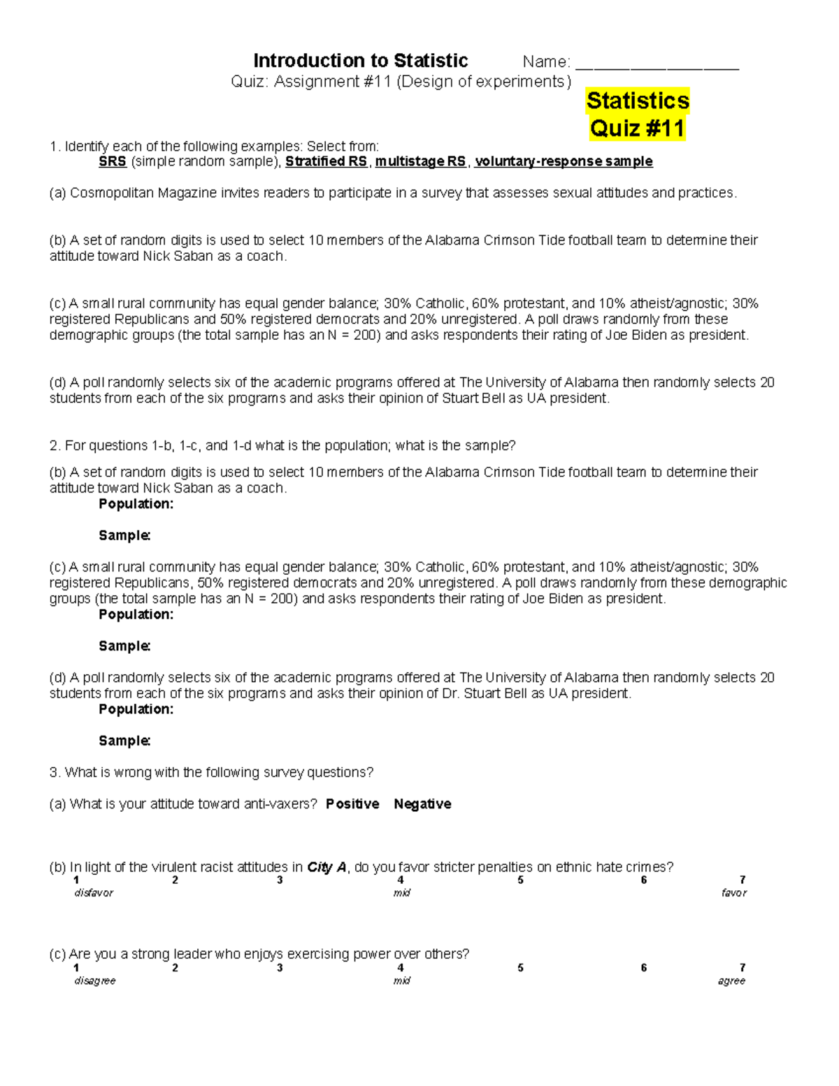 UA Stat Quiz #11 - Introduction to Statistic Name ...