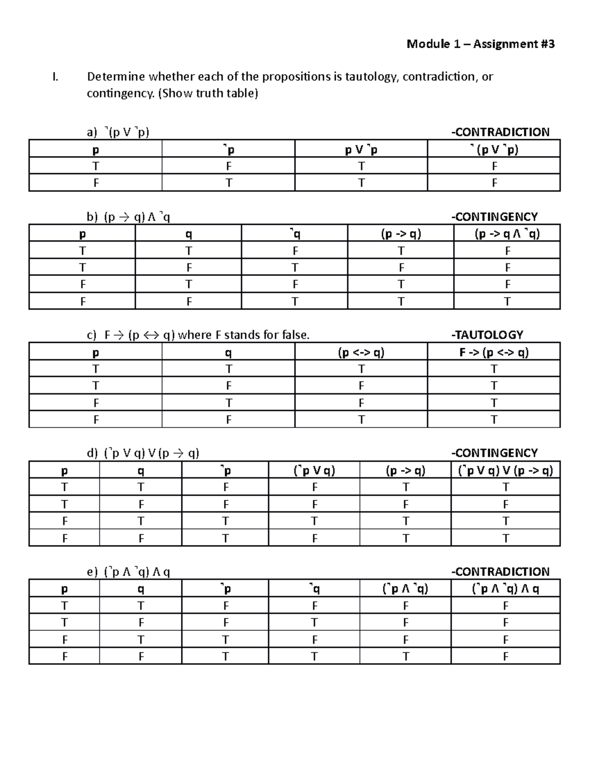 CS101 assign 3module 1 Determine Whether Each Of The Propositions Is