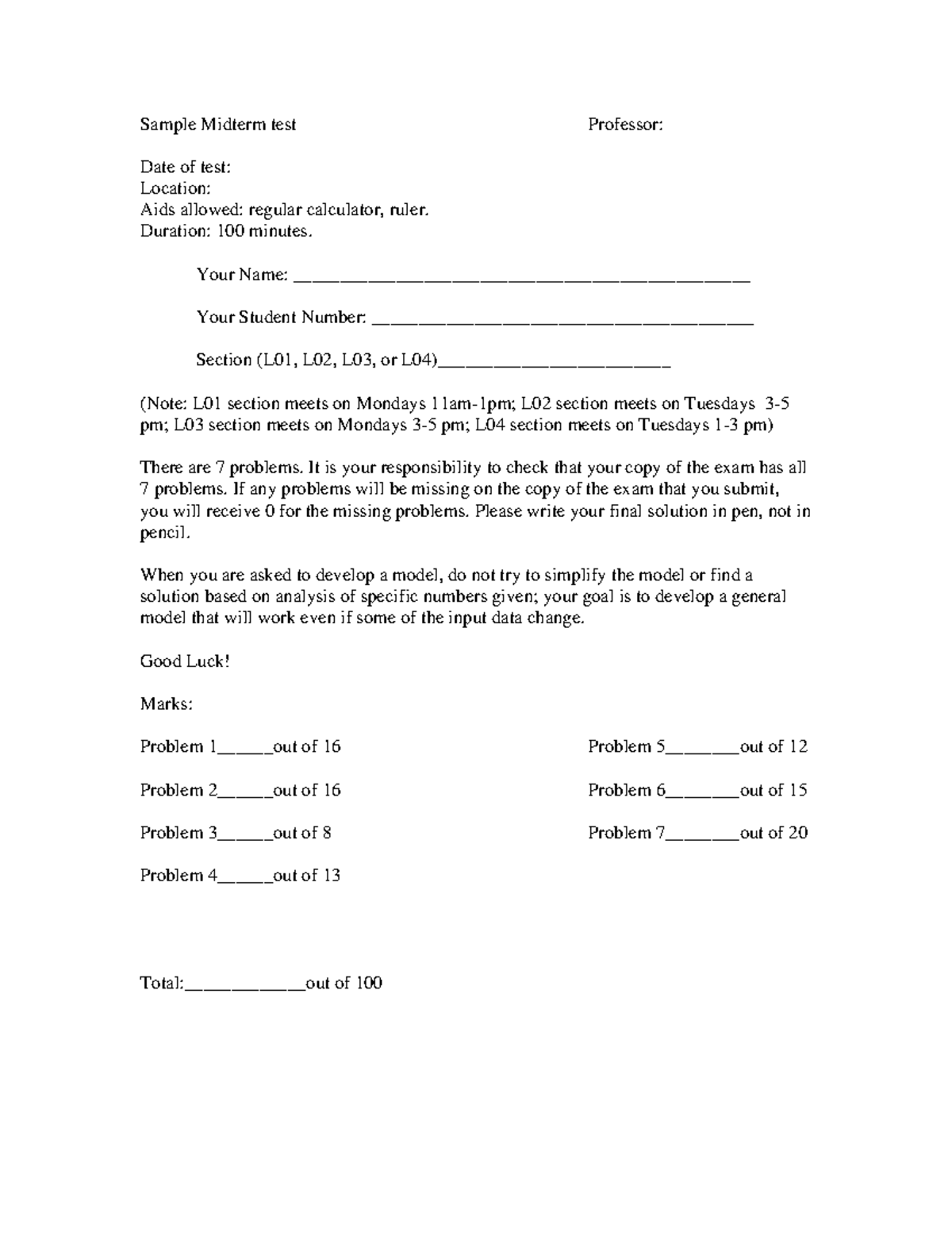 Sample midterm - Duration: 10 0 minutes. Your Name: - Studocu