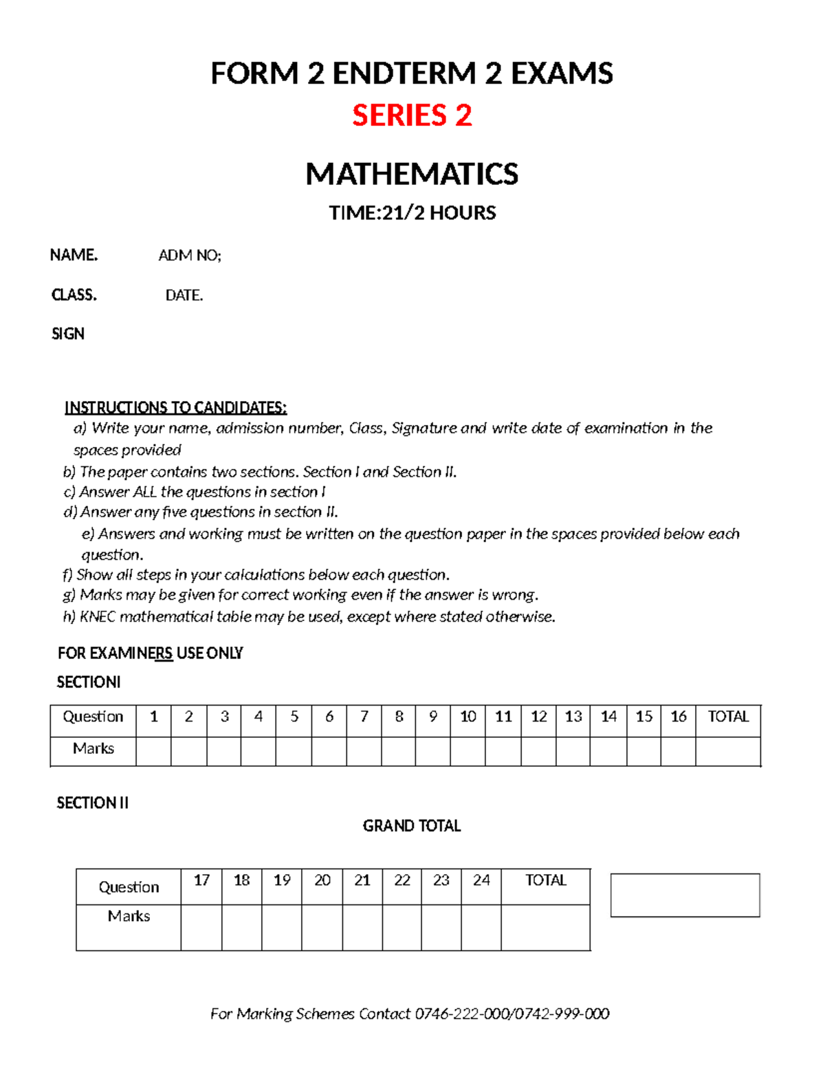 FORM 2 Endterm 2 Exams S2 - FORM 2 ENDTERM 2 EXAMS SERIES 2 MATHEMATICS ...
