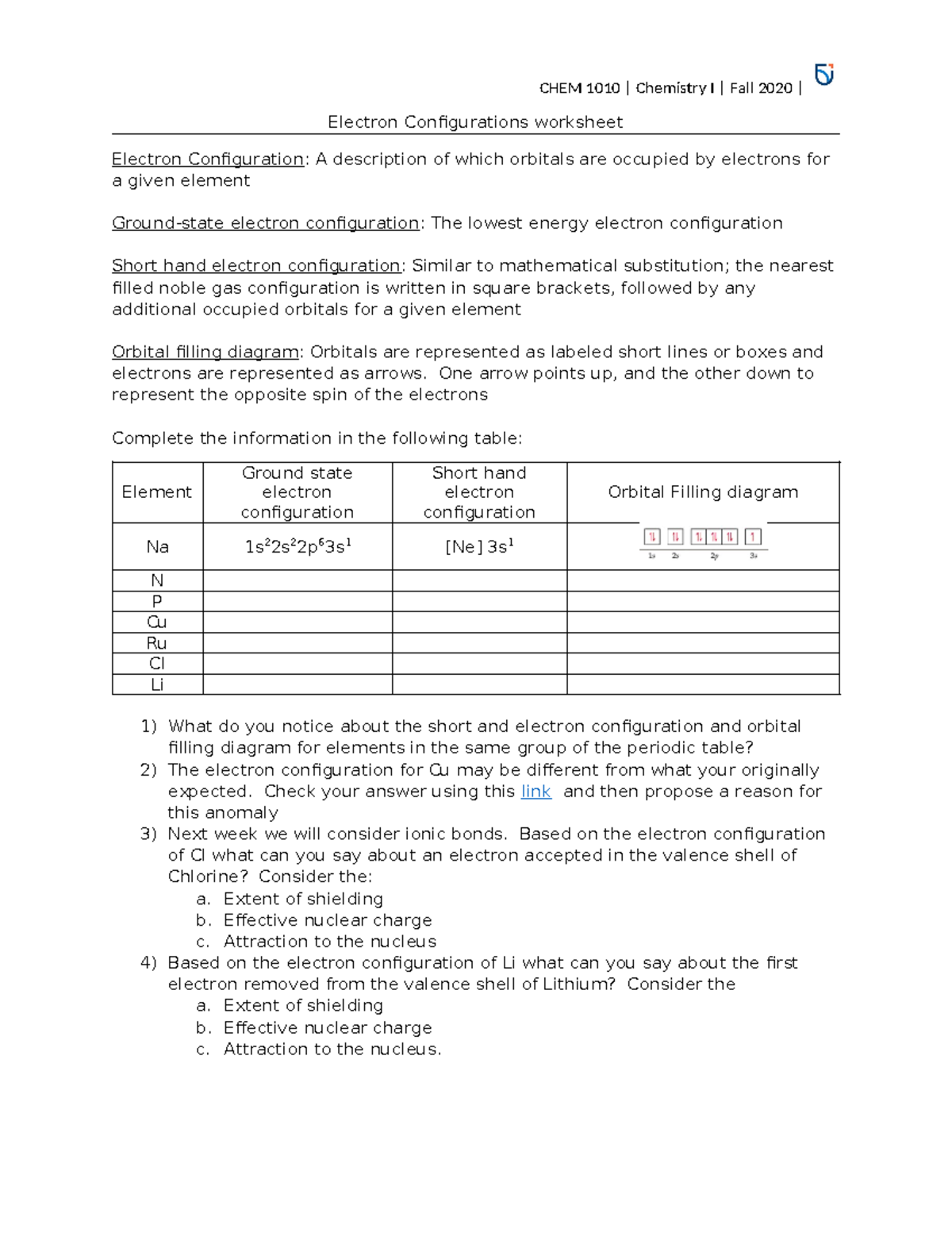 Electron configurations worksheet - CHEM 1010 | Chemistry I | Fall 2020 ...