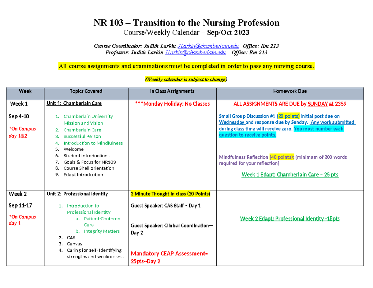 NR103 Course Calendar SEPT 23 - Course/Weekly Calendar – Sep/Oct 2023 Course Coordinator: Judith ...