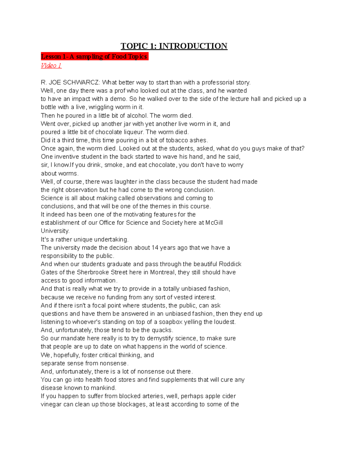 Introduction to Food Topics - Studocu