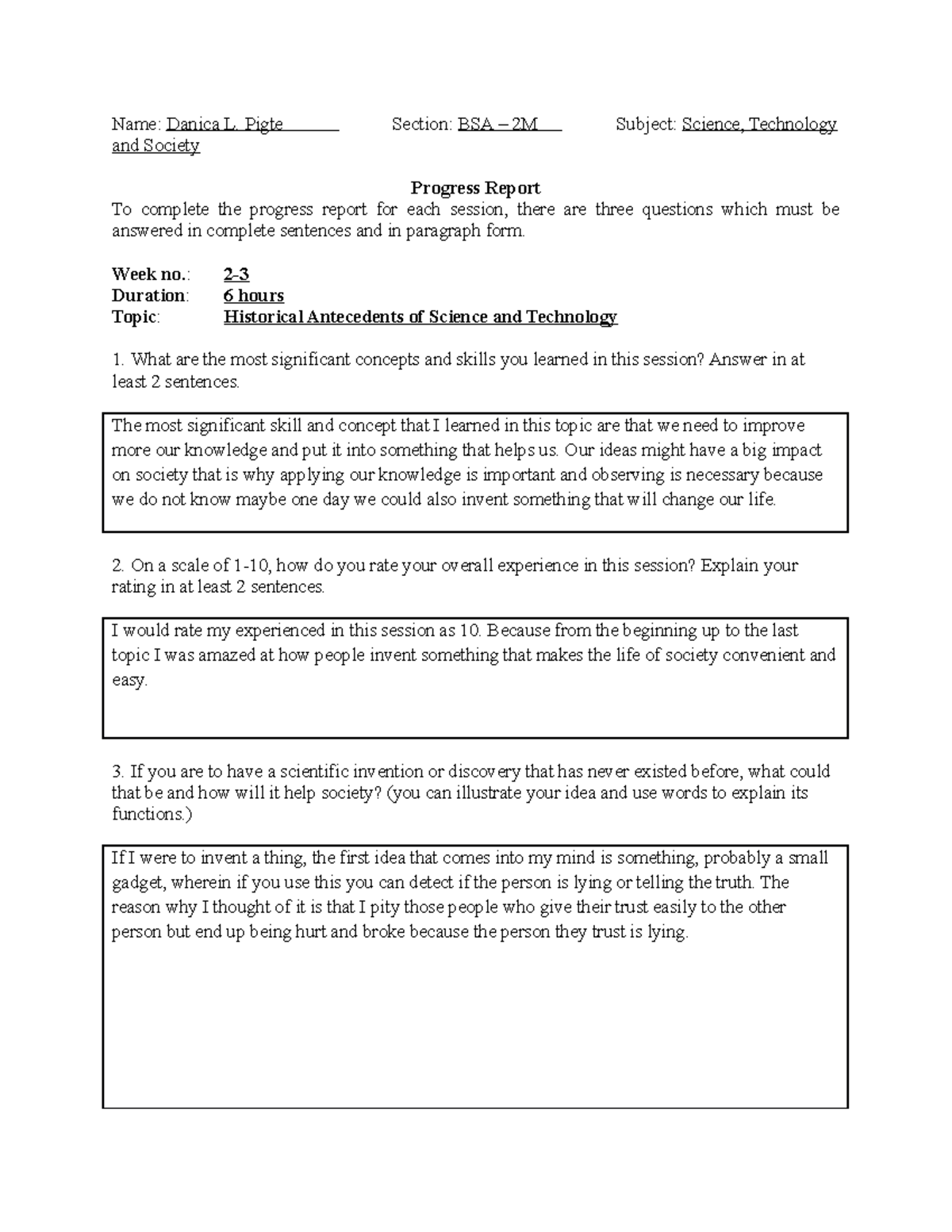 STS Session 2 - Progress Report Template - Name: Danica L. Pigte ...