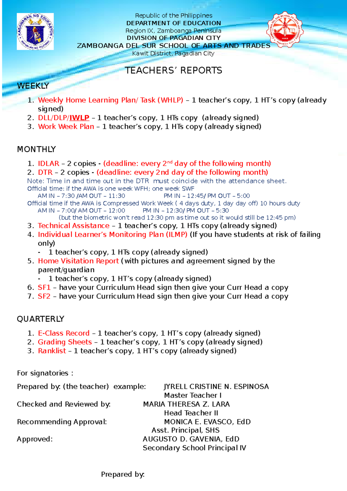 Teachers' Report for English dept - Republic of the Philippines ...