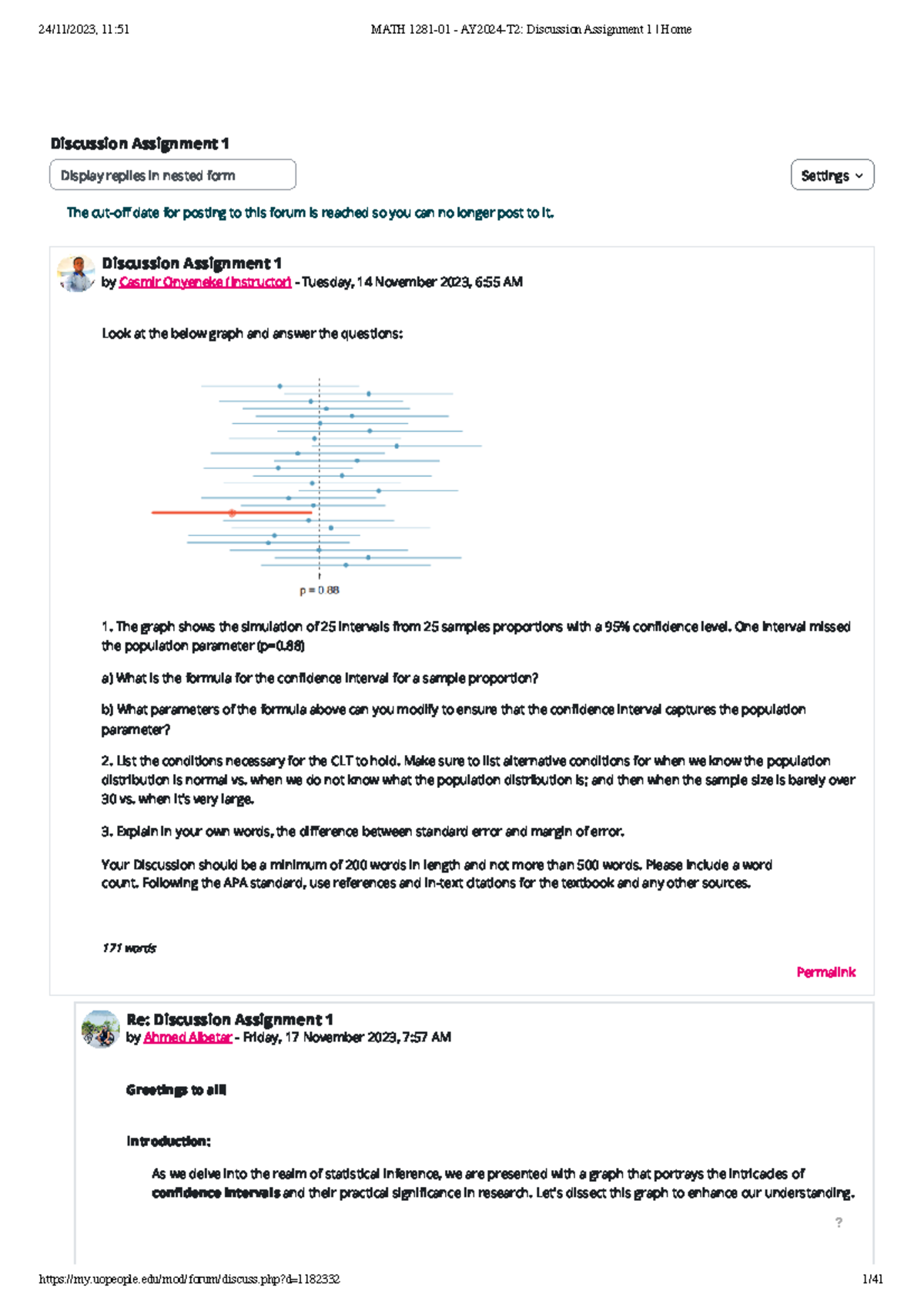 MATH 1281-01 - AY2024-T2 Discussion Assignment 1 Home - Discussion Assignment 1 Display replies ...