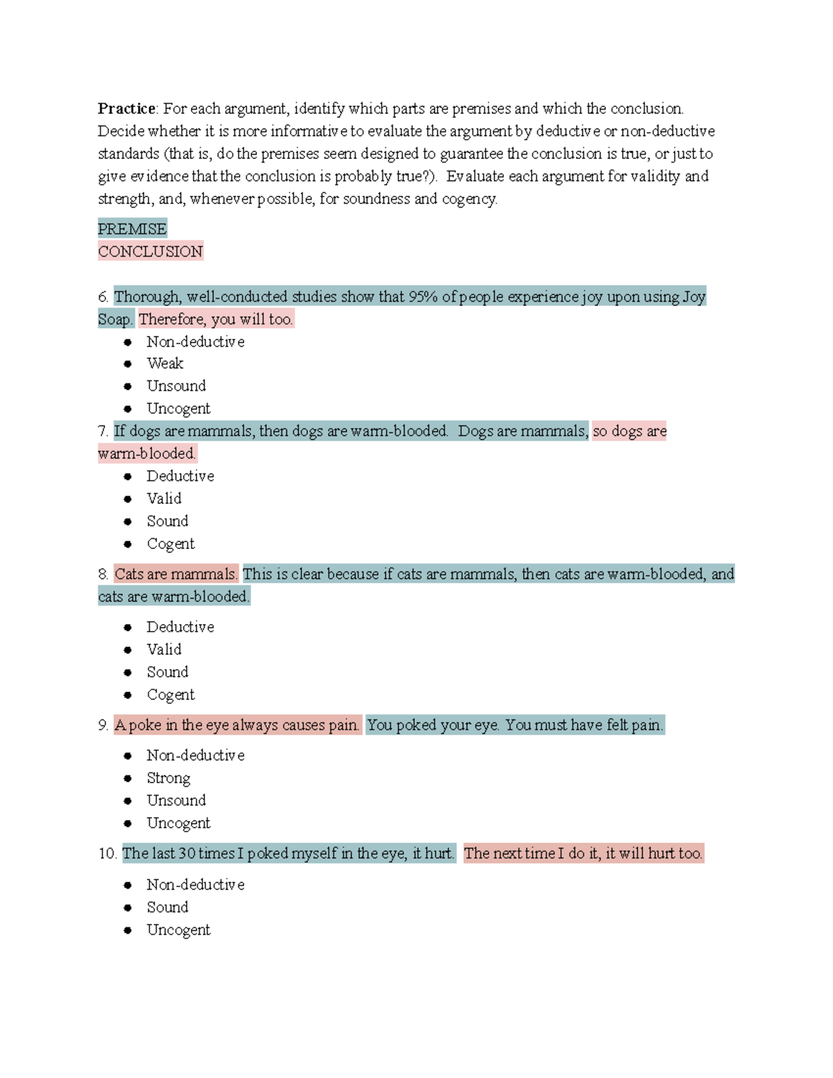 PHI 1500 Arguments (Premise and Argument) - Practice : For each ...