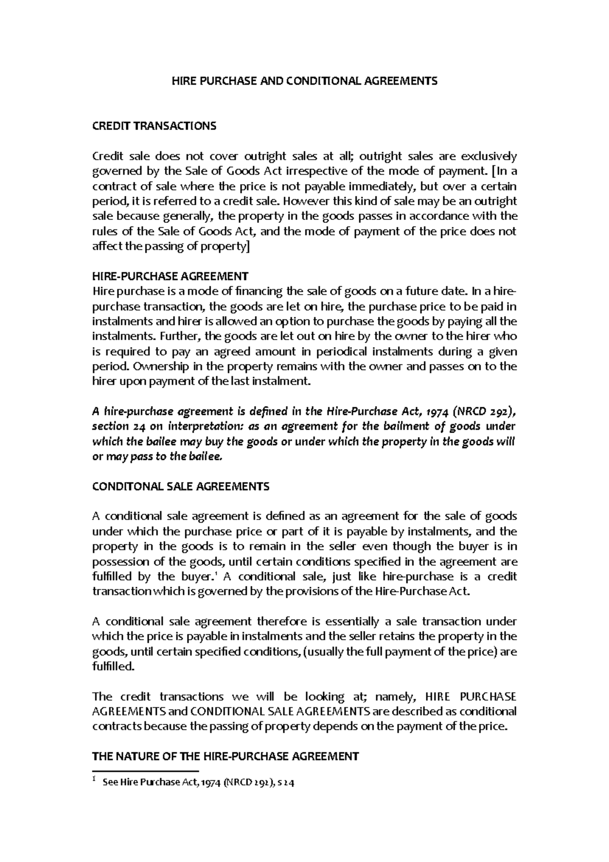 Hire Purchase Aagreement & CSA lecture 1 - HIRE PURCHASE AND ...