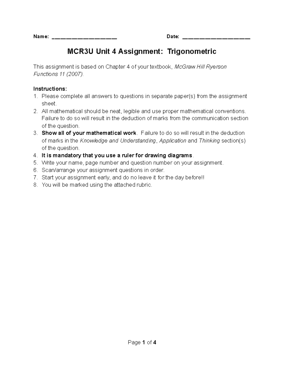 Unit 4 Assignment Trig - Studocu