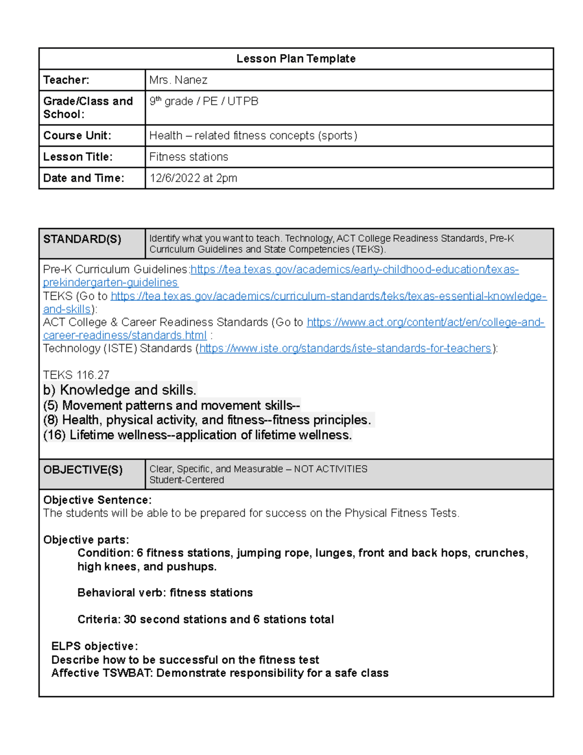 Lesson PLAN 2 - Lesson Plan Template Teacher: Mrs. Nanez Grade/Class ...
