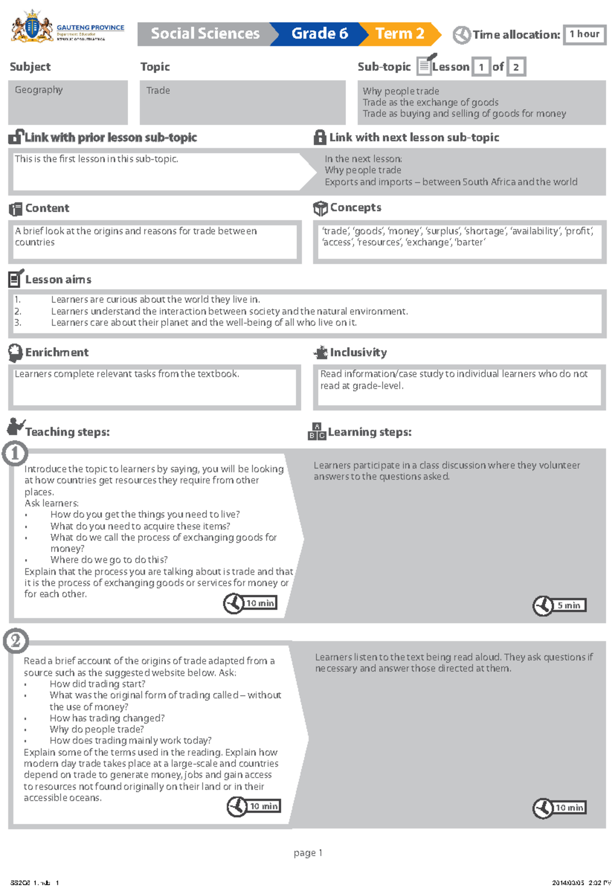 SS2G6 1 - Teacher’s notes - Subject Link with prior lesson sub-topic ...