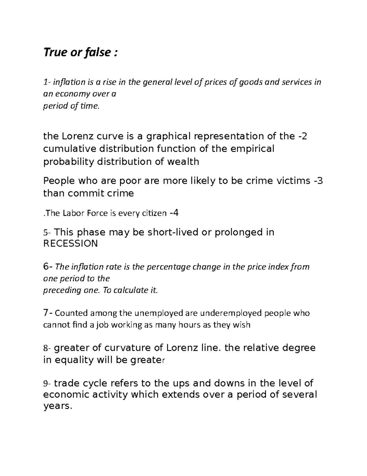 True or false Economics with answers - True or false : 1- inflation is ...