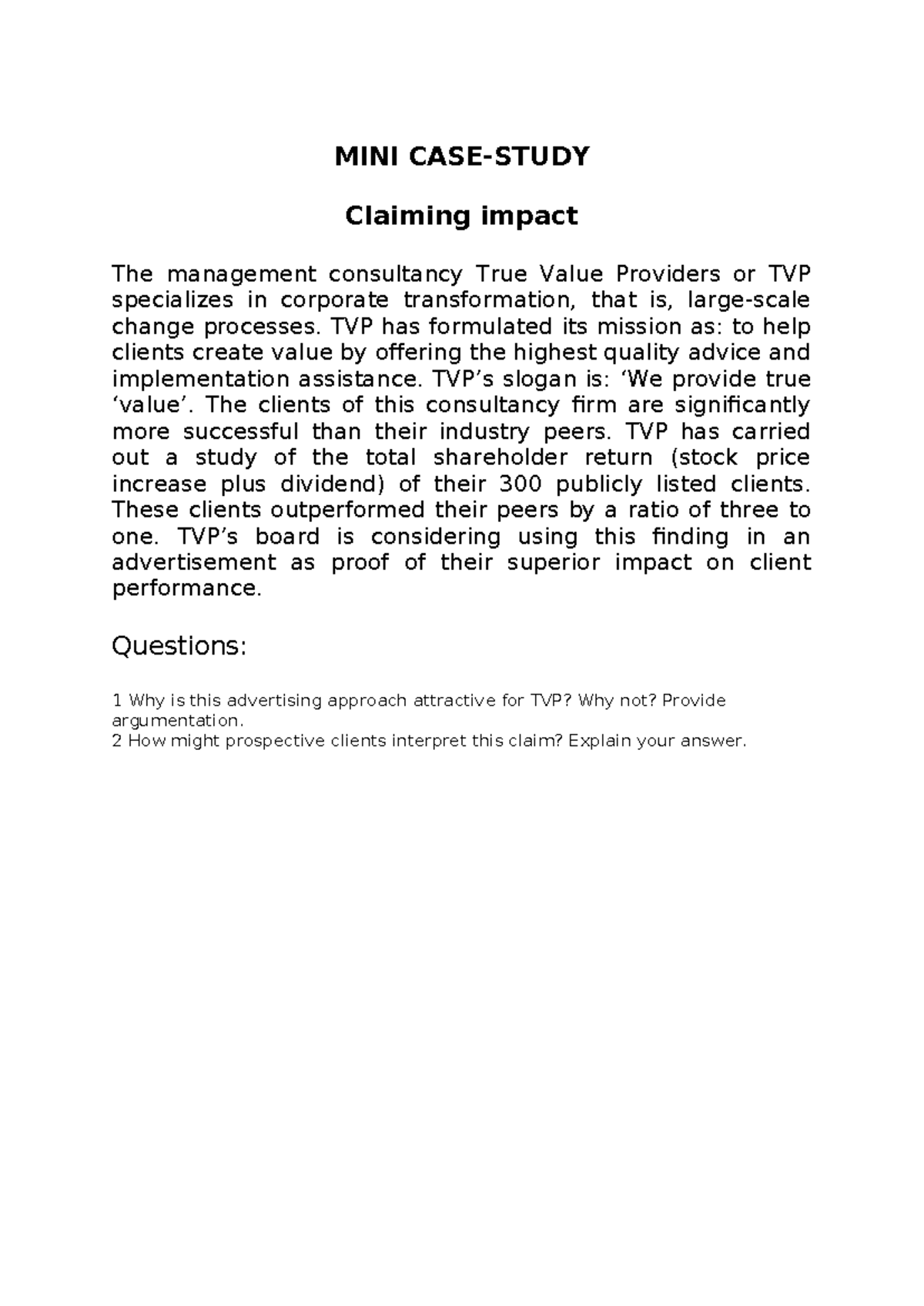 MINI CASE Study - consulting notes - MINI CASE STUDY MINI CASE-STUDY ...