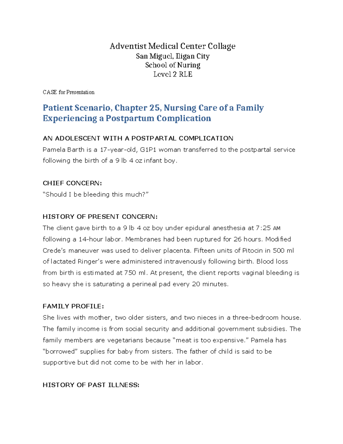 OB case scenario PPH CP - CMCA - Adventist Medical Center Collage San Miguel, Iligan City School ...