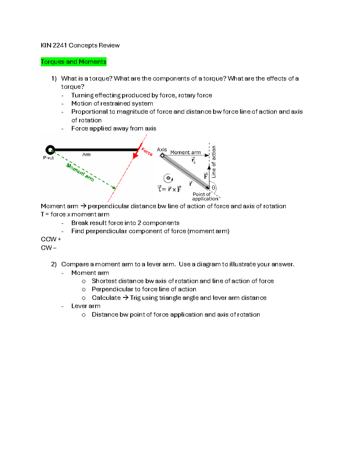 2241 Concept Exam Review - KIN 2241 Concepts Review Torques and Moments ...