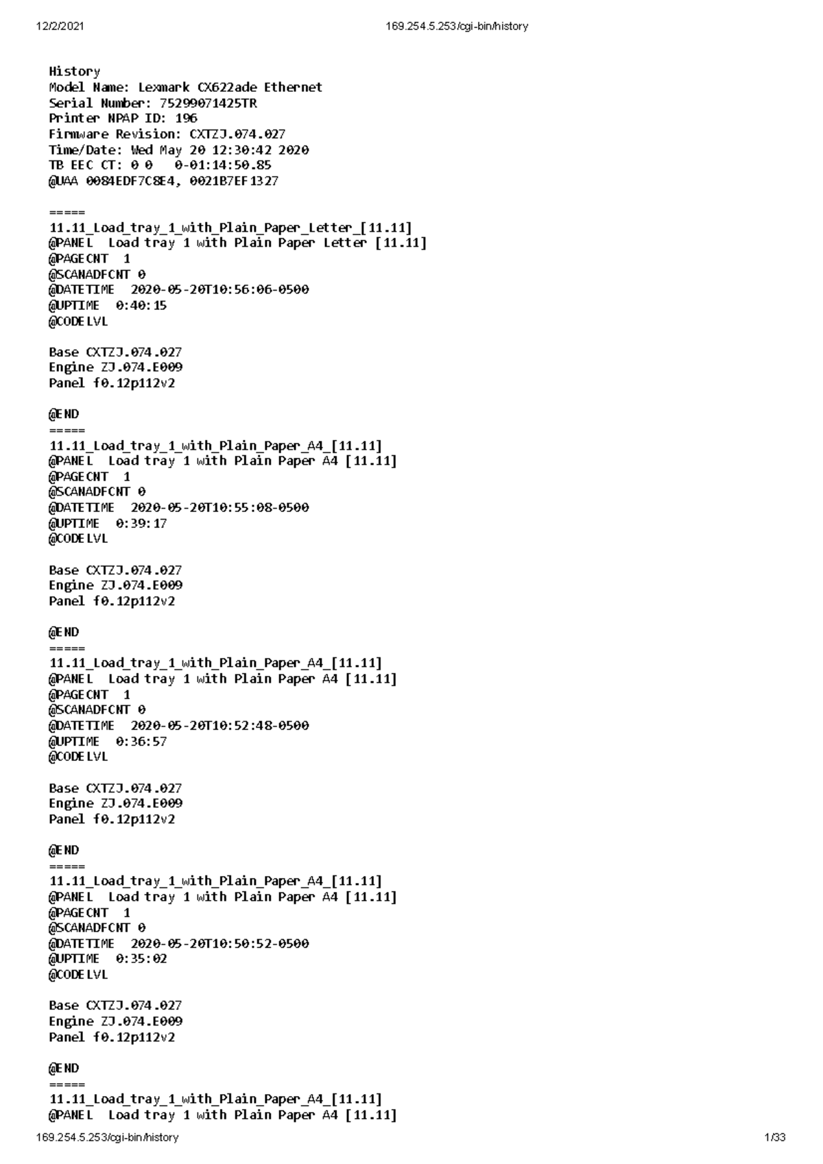 History - trretrtw - History Model Name: Lexmark CX622ade Ethernet ...