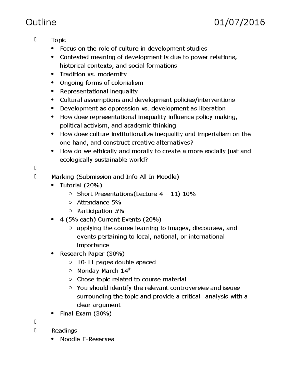 Culture and Development - Summary - Devs 240 - Outline 01/07/ Topic ...