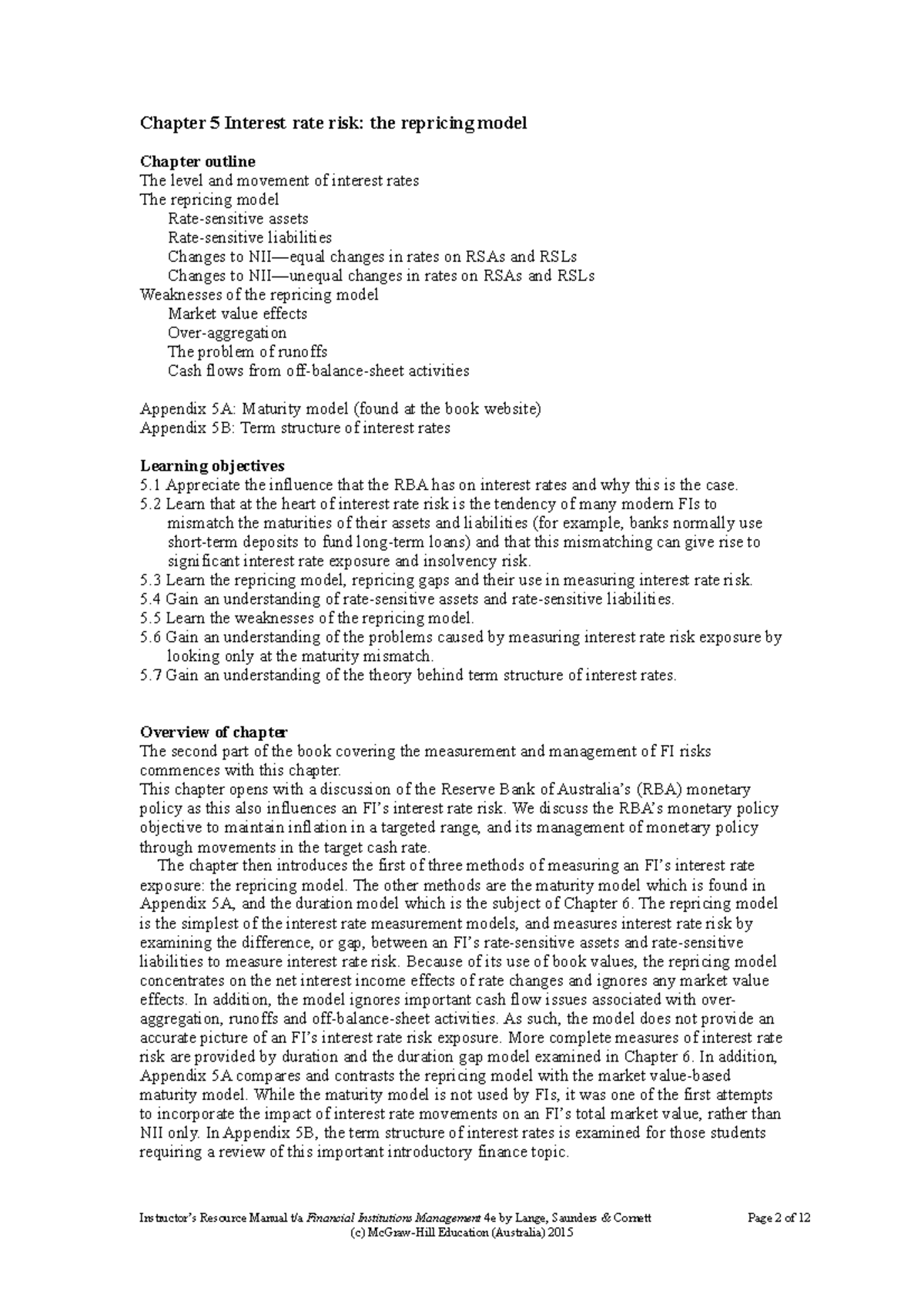 Lange 4e IRM Ch05 - n/a - Chapter 5 Interest rate risk: the repricing model Chapter outline The ...