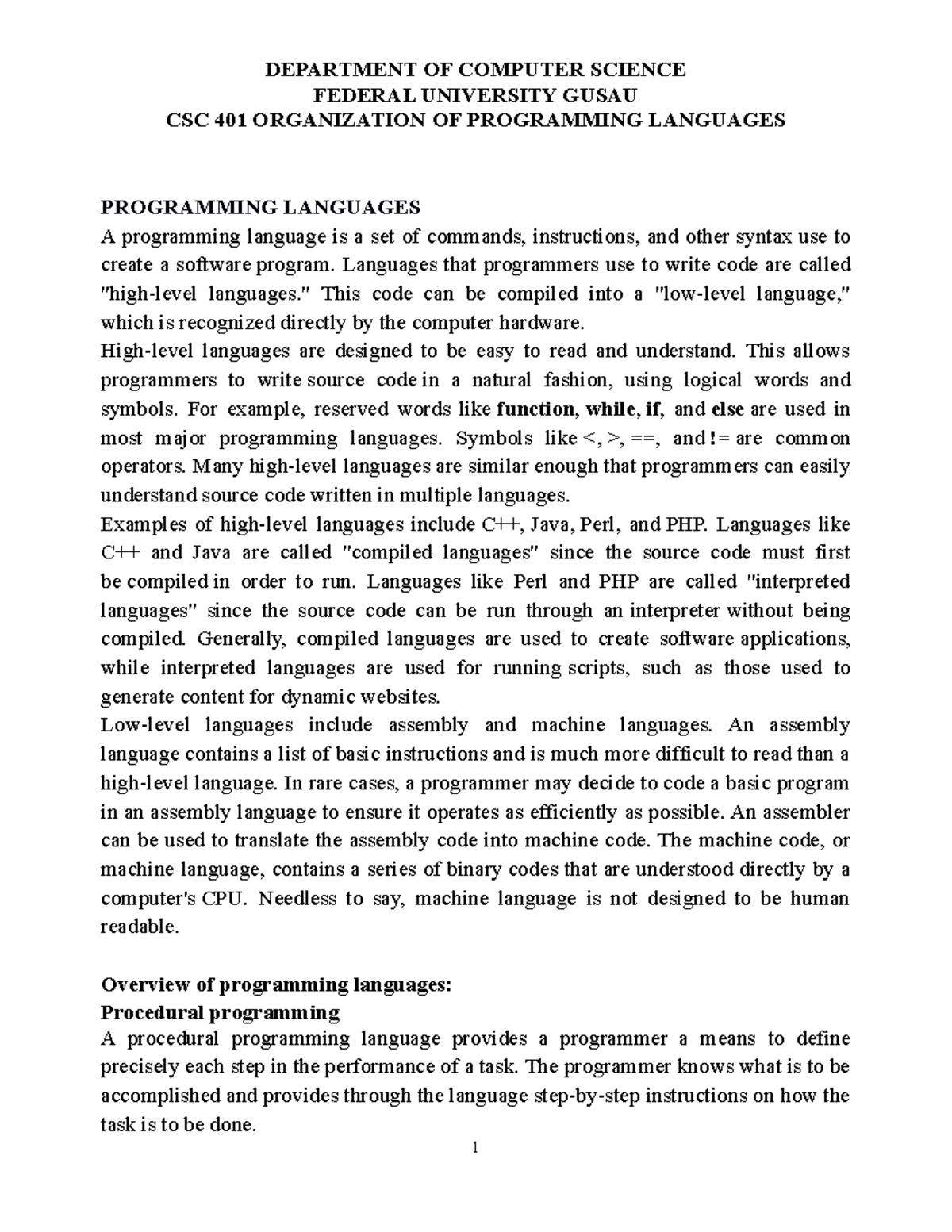 Organisation of progn-1 - DEPARTMENT OF COMPUTER SCIENCE FEDERAL ...