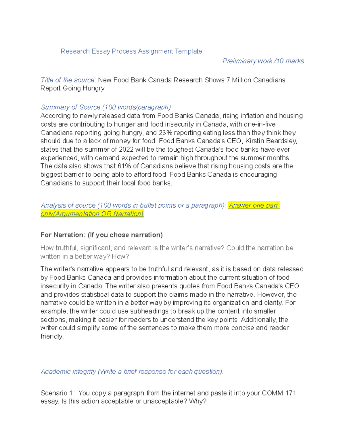 Research Essay Process Assignment - Food Banks Canada's CEO, Kirstin ...