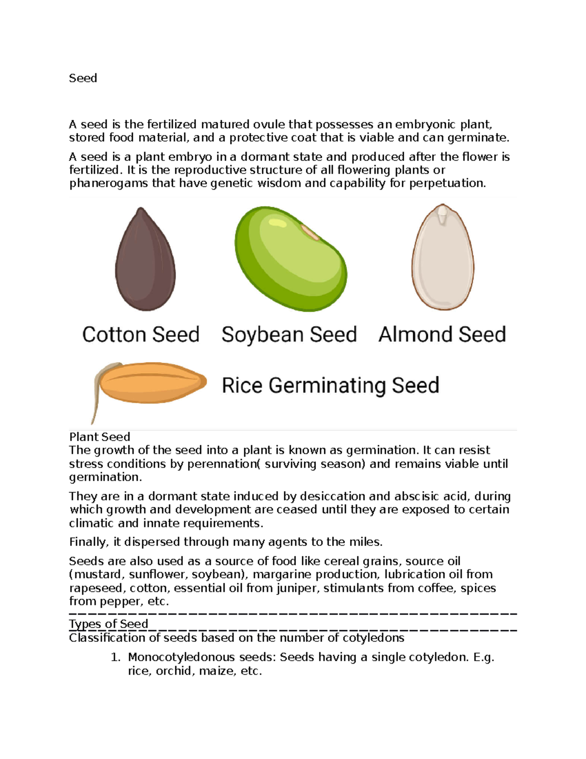 Seed - notes - Seed A seed is the fertilized matured ovule that ...