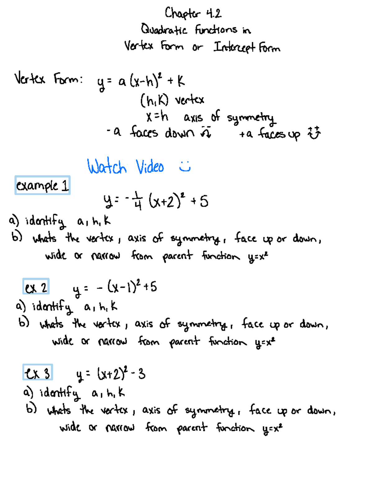 Ch 4.2 Notes - Chapter 4. Quadratic functions in Vertex Form or ...