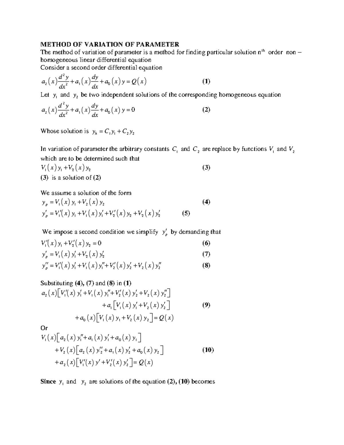 Lec 6b - CALCULUS 4 NOTES - METHOD OF VARIATION OF PARAMETER The method ...