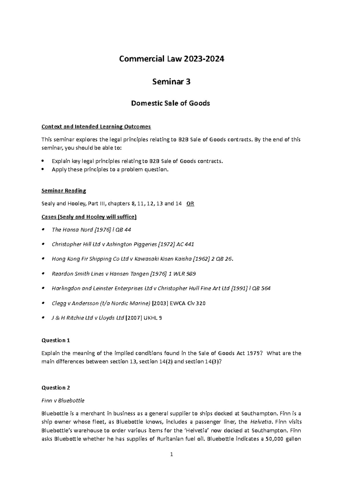 Seminar 3 student handout SOGA - Commercial Law 2023- Seminar 3 ...
