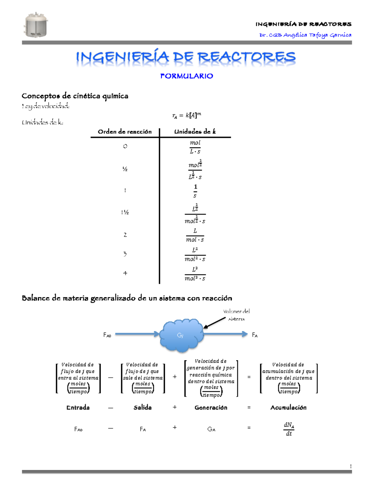 Ingeniería de Reactores Formulario - Ingeniería de fluidos - UNITEC - Studocu