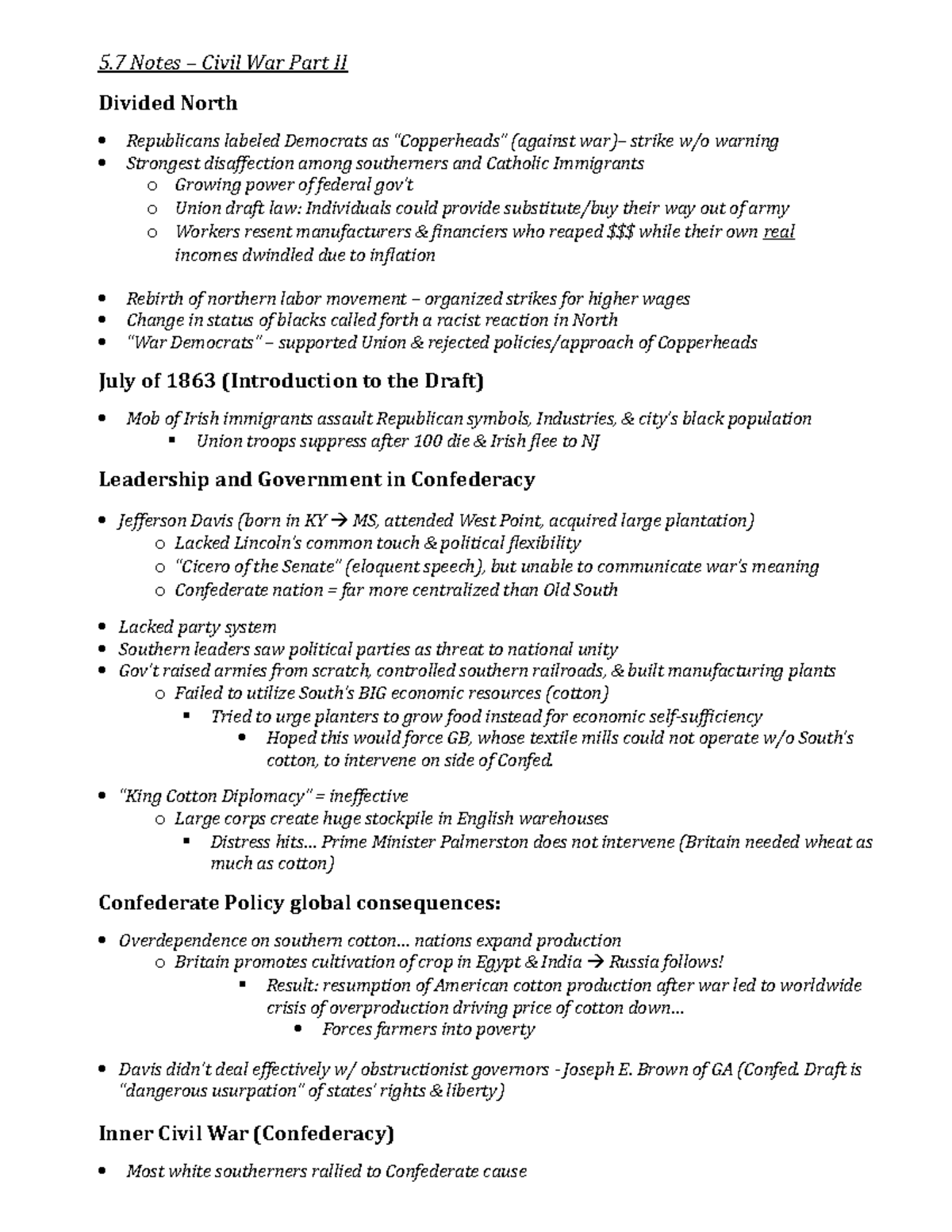 5.7 notes - 5 Notes – Civil War Part II Divided North Republicans ...