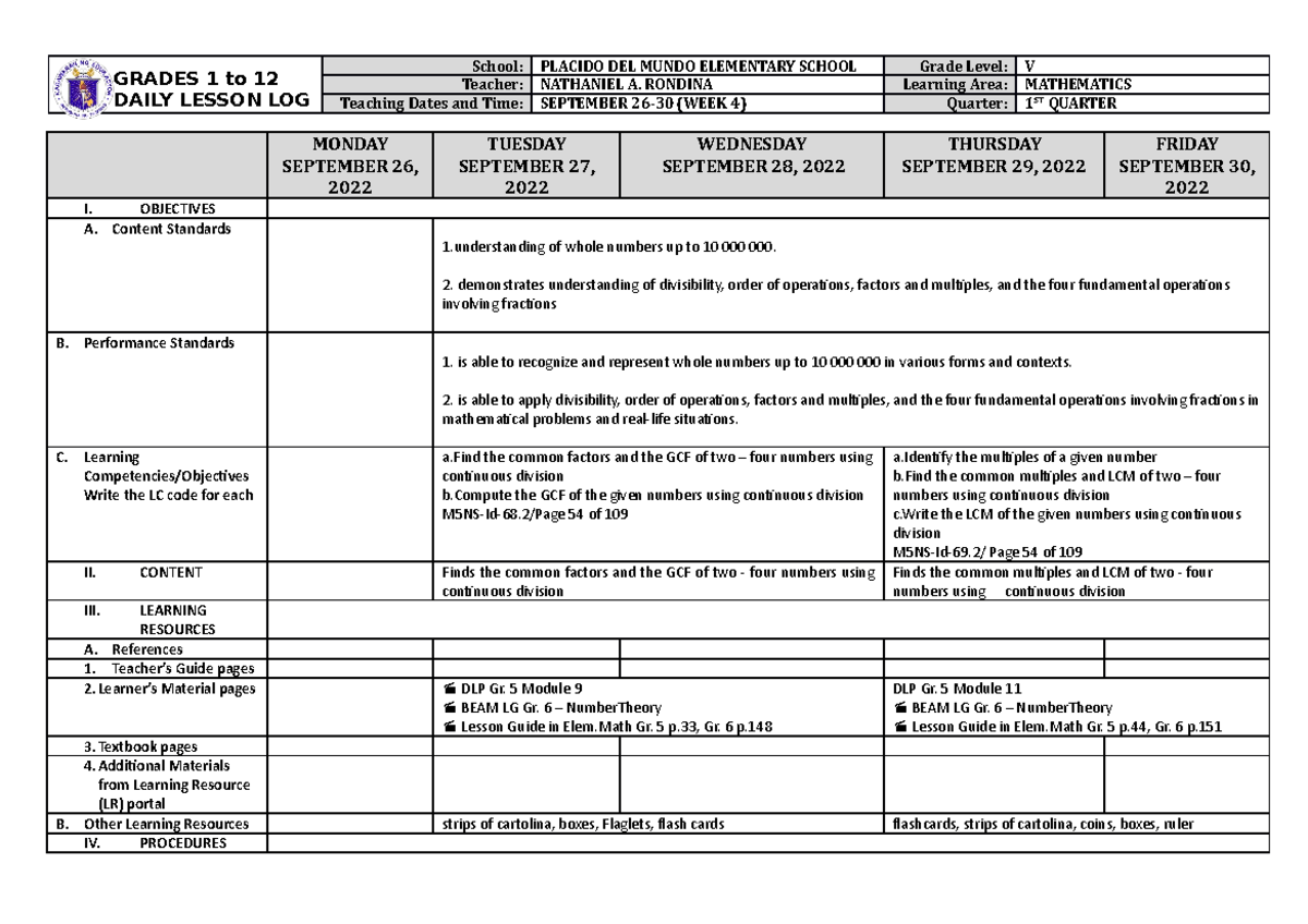 Math-DLL Week 4 1st Q - GRADES 1 to 12 DAILY LESSON LOG School: PLACIDO ...