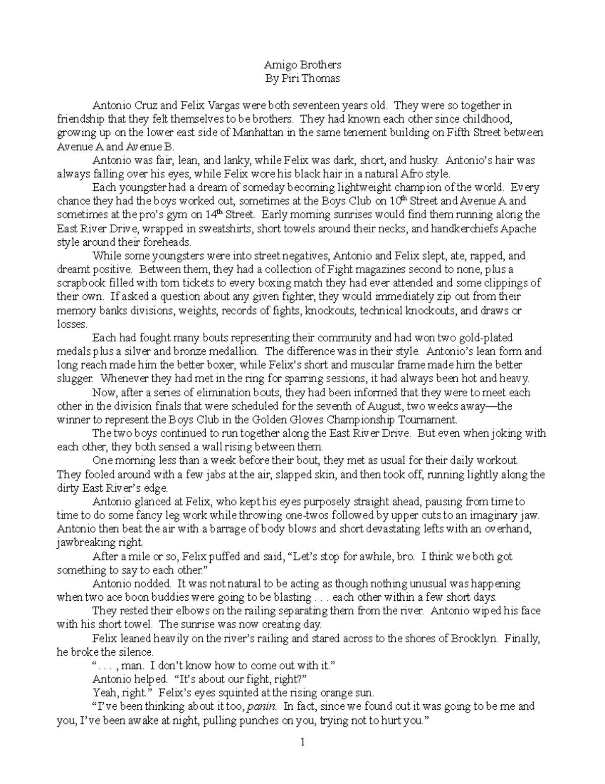 Amigo Brothers Text - English notes - Amigo Brothers By Piri Thomas ...