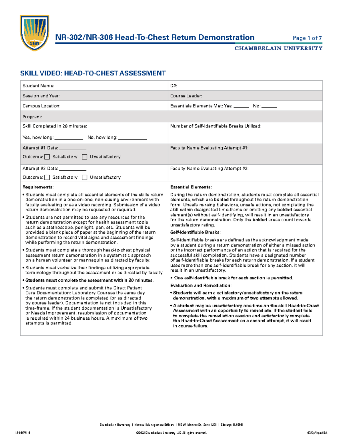 Head to Chest Assessment - ####### Chamberlain University | National ...