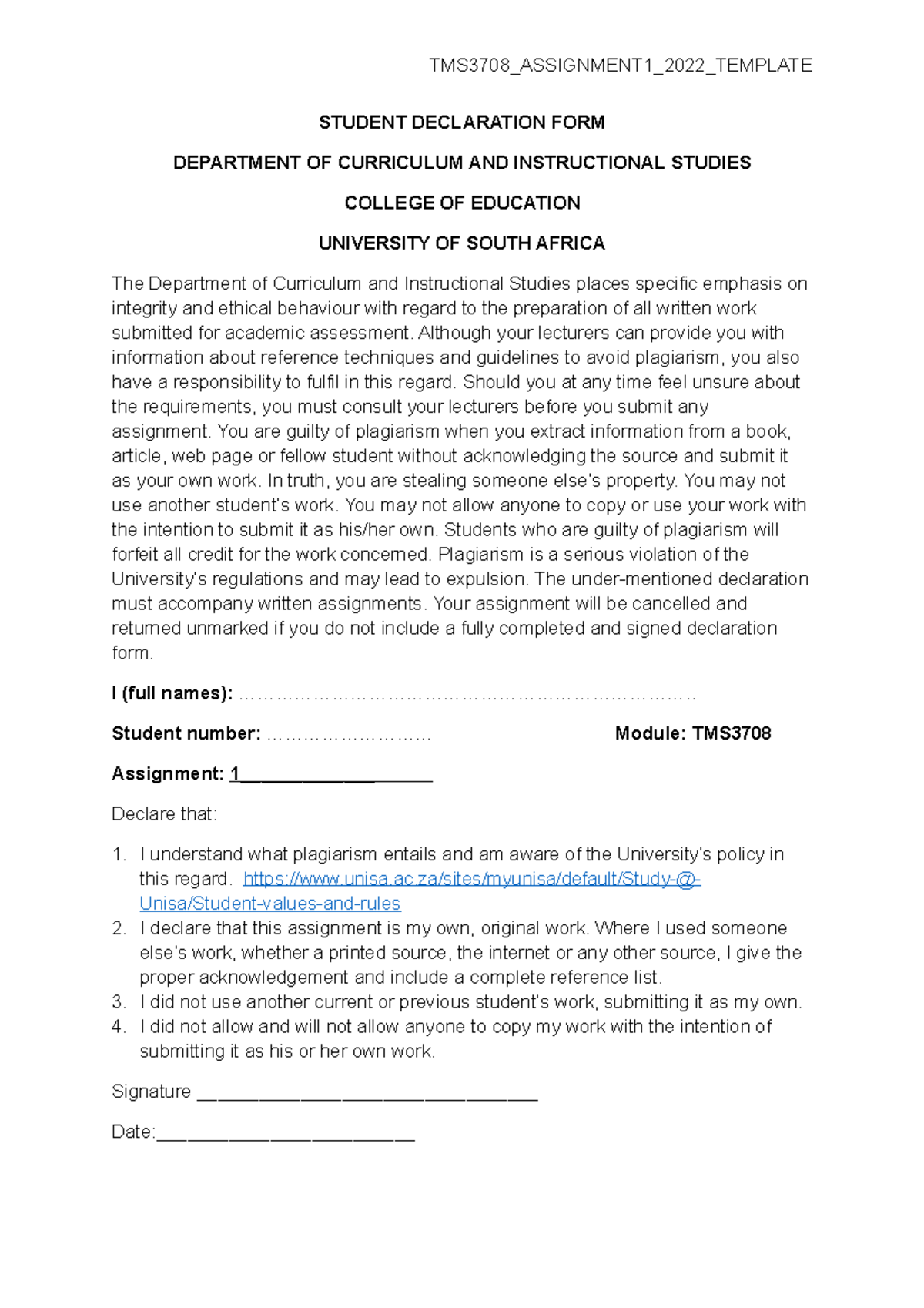 TMS3708 Assignement 01 Template - STUDENT DECLARATION FORM DEPARTMENT ...