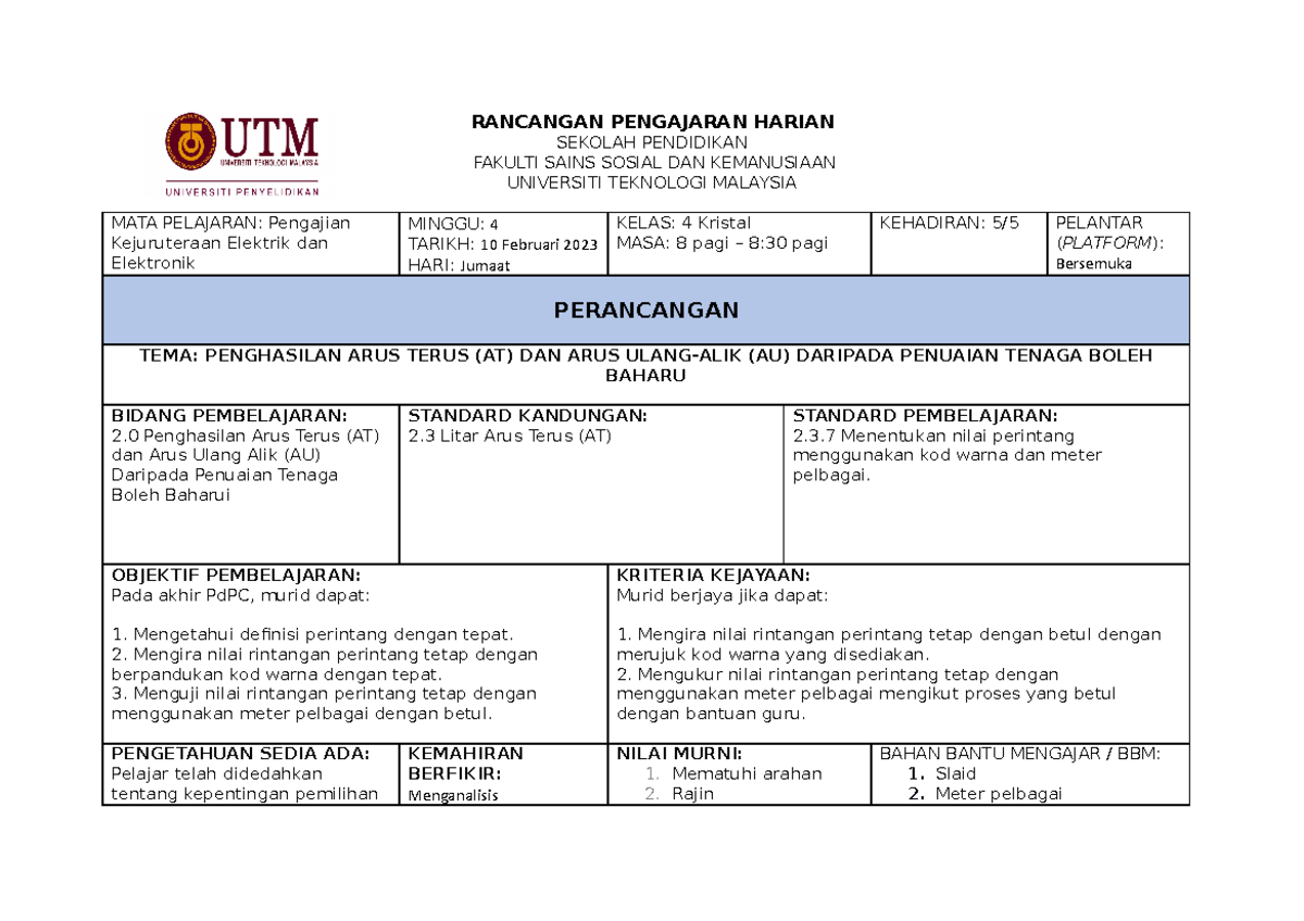 Template Lesson Plan Rohaizad Amali - RANCANGAN PENGAJARAN HARIAN ...