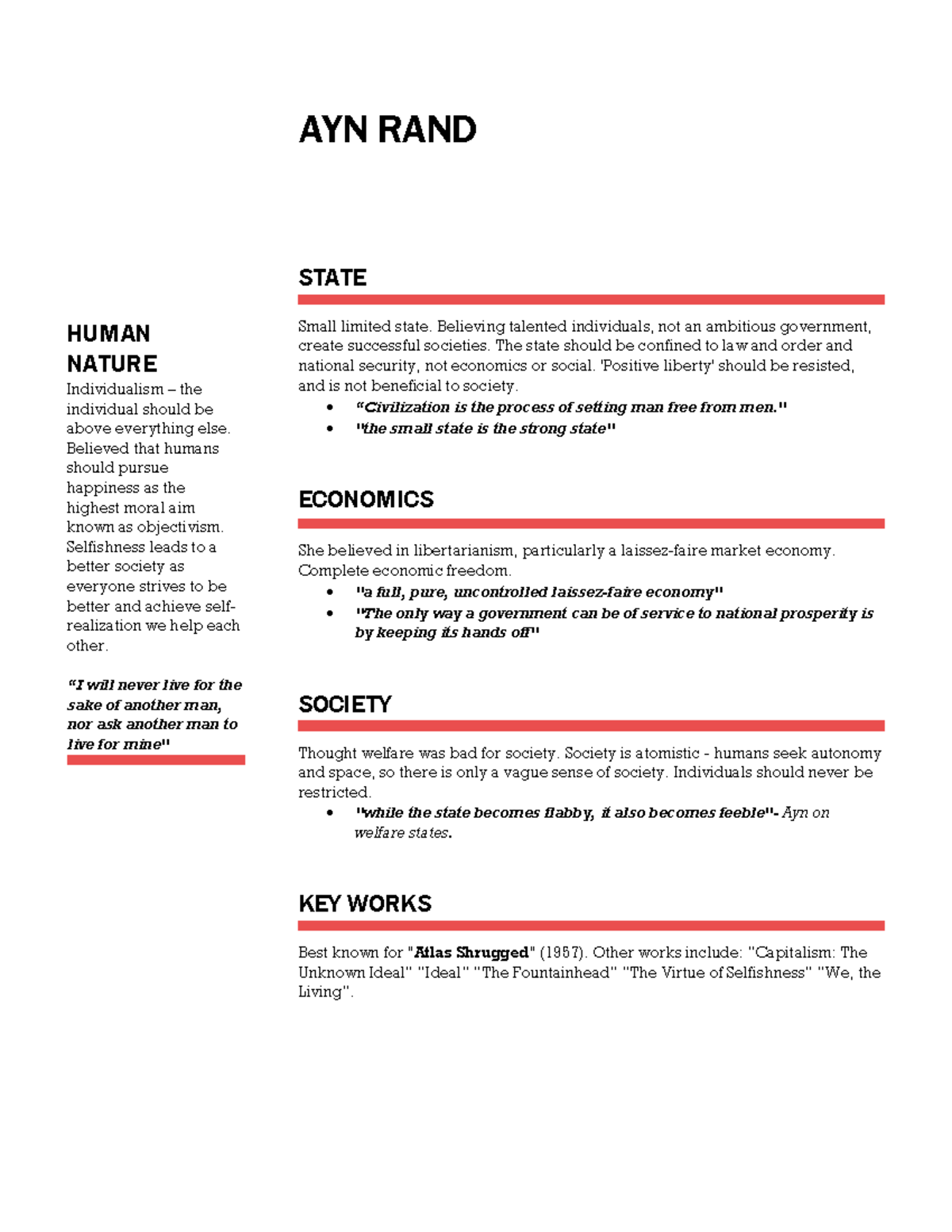 Ayn Rand- homework - HUMAN NATURE Individualism – the individual should ...