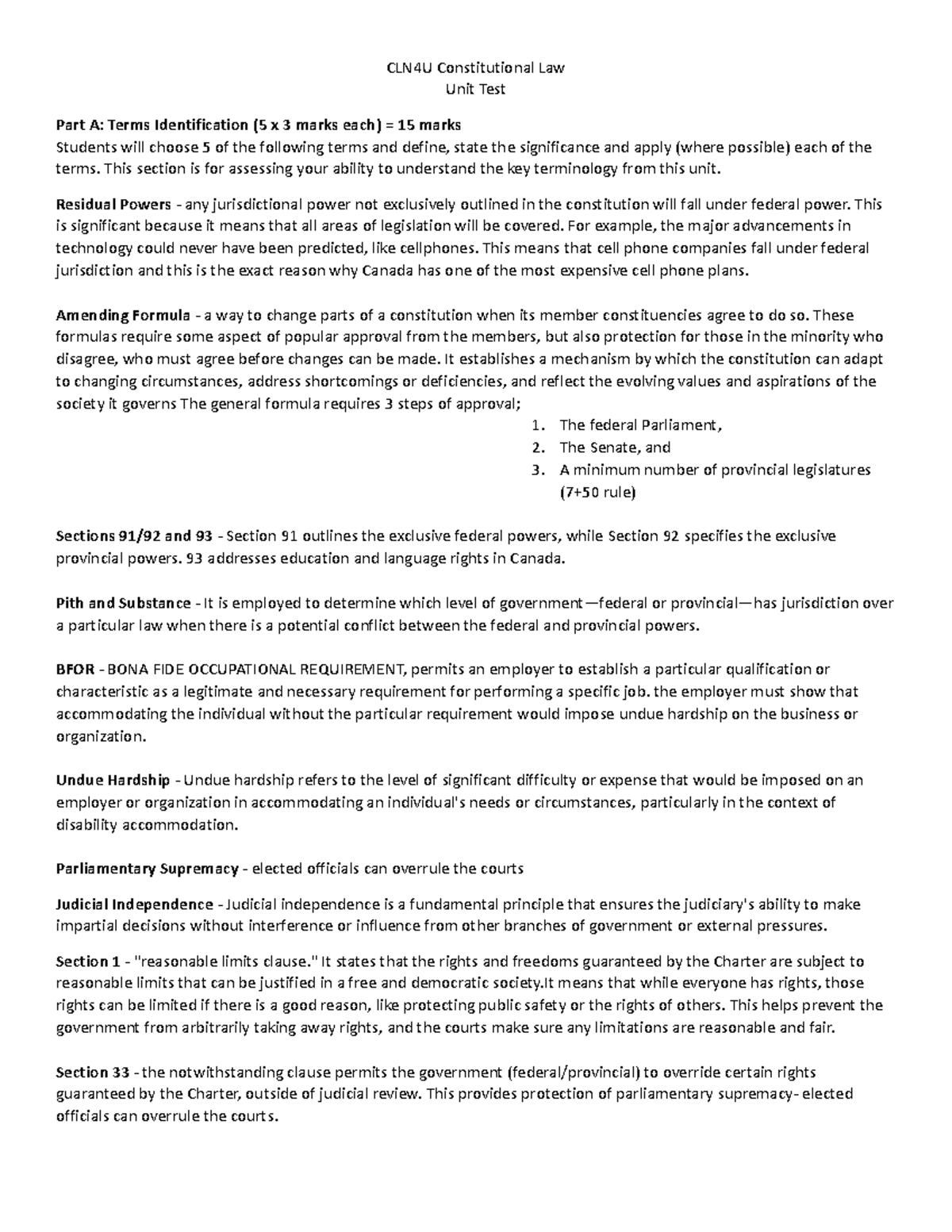 Copy of CLN4U 2023 Constitutional Law Unit Test Review - CLN4U ...