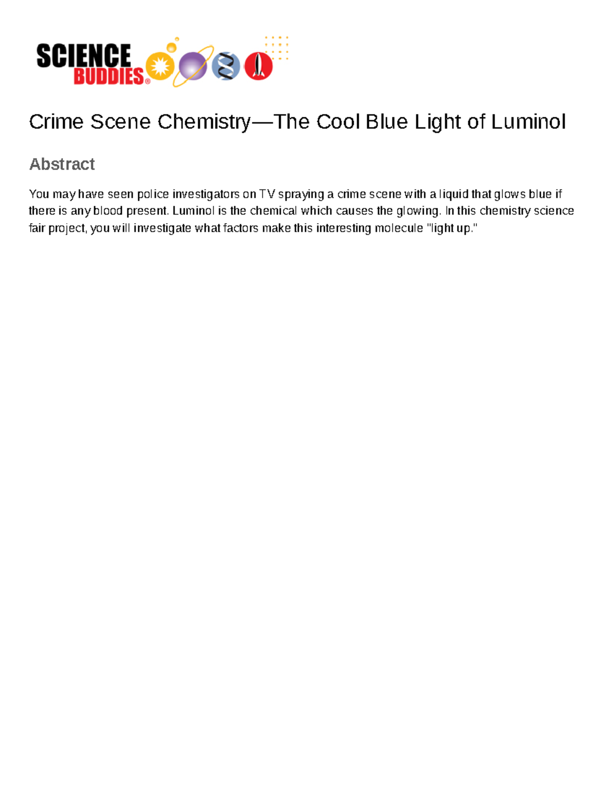 Crime Scene Chemistry—The Cool Blue Light of Luminol Science Project ...