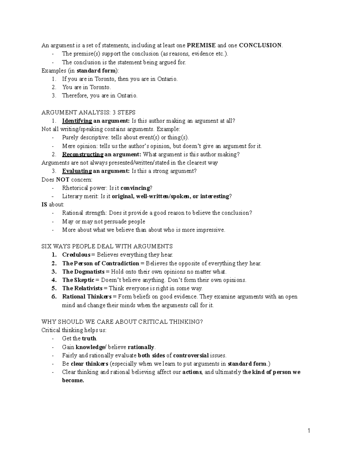 Critical Thinking Ssh105 Lecture 1 An Argument Is A Set Of