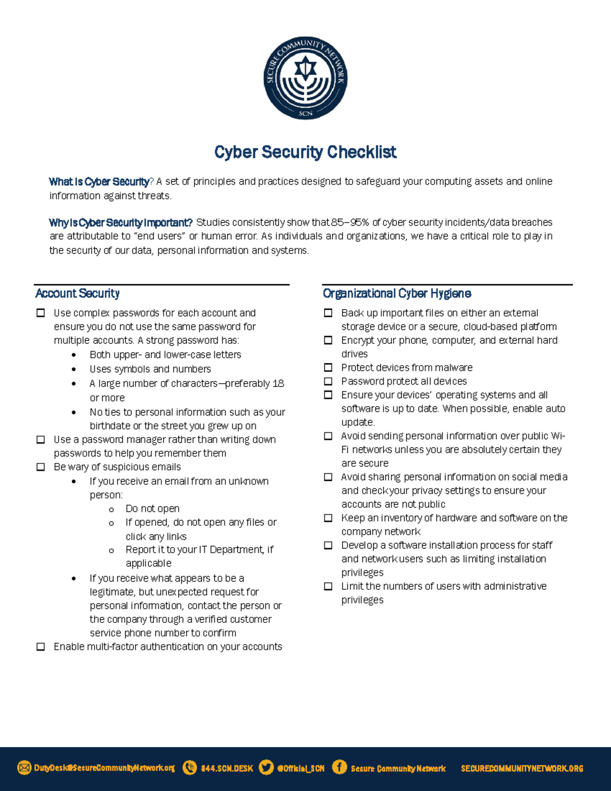 Cybersecurity Checklist Assessment - D utyDesk@SecureCommunityNetwork ...