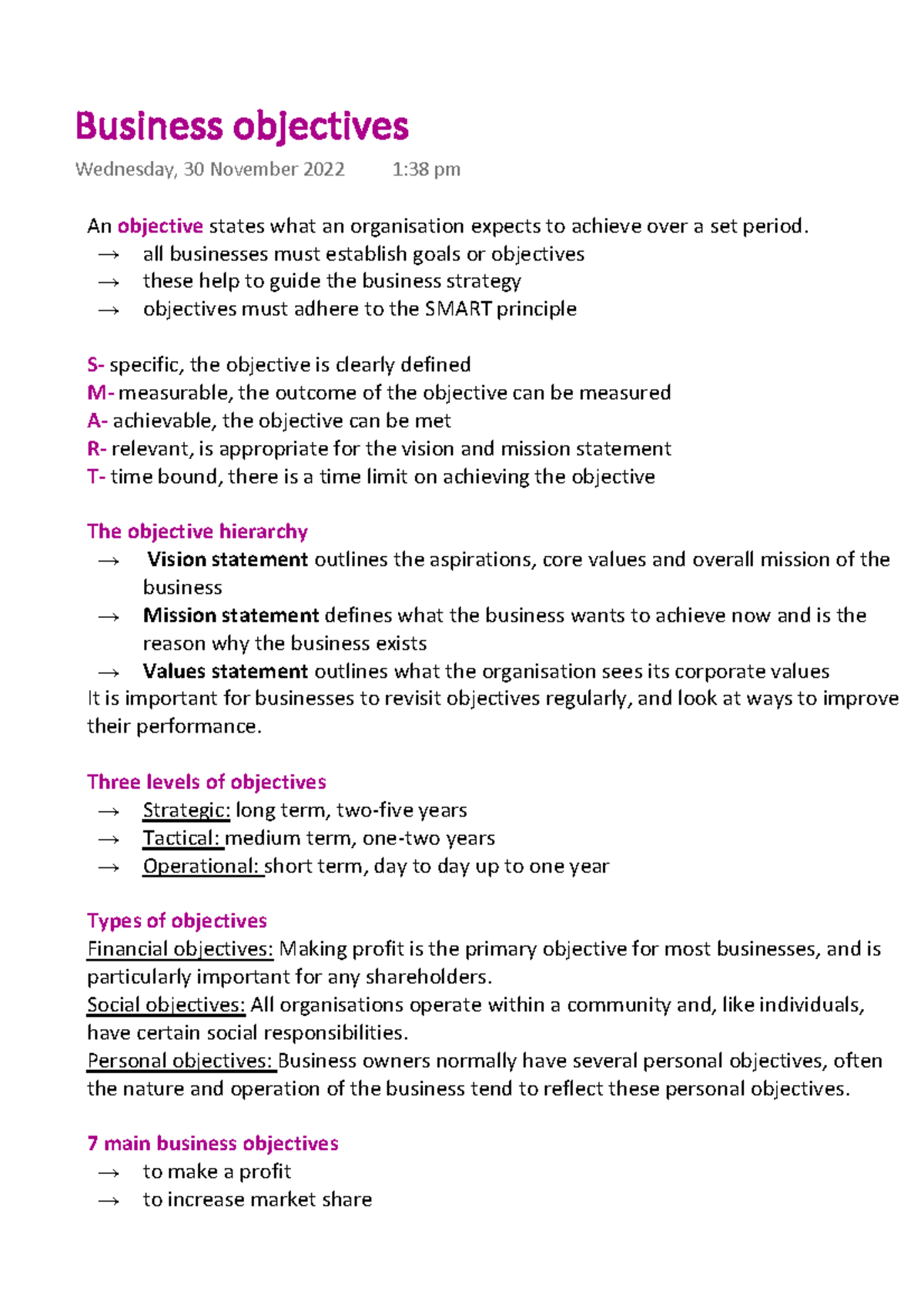 Business objectives - An objective states what an organisation expects ...