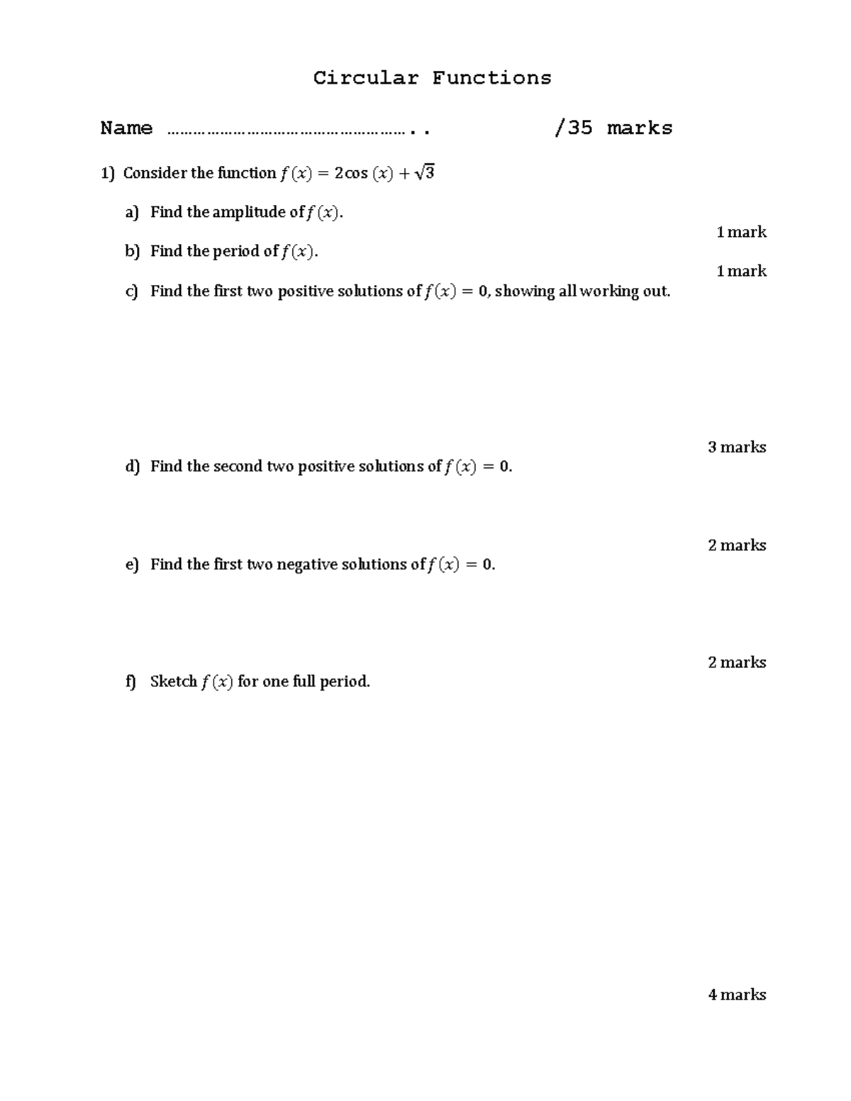 Additional Questions on Circular Functions - Circular Functions Name ...