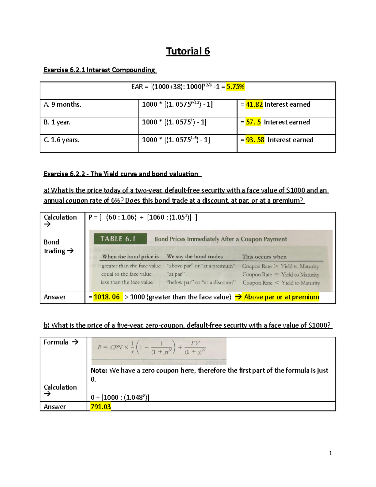 Tutorial 6 6.2.1 - 6.2.2 (updated) - 6 - Tutorial 6 Exercise 6.2 Interest Compounding EAR ...