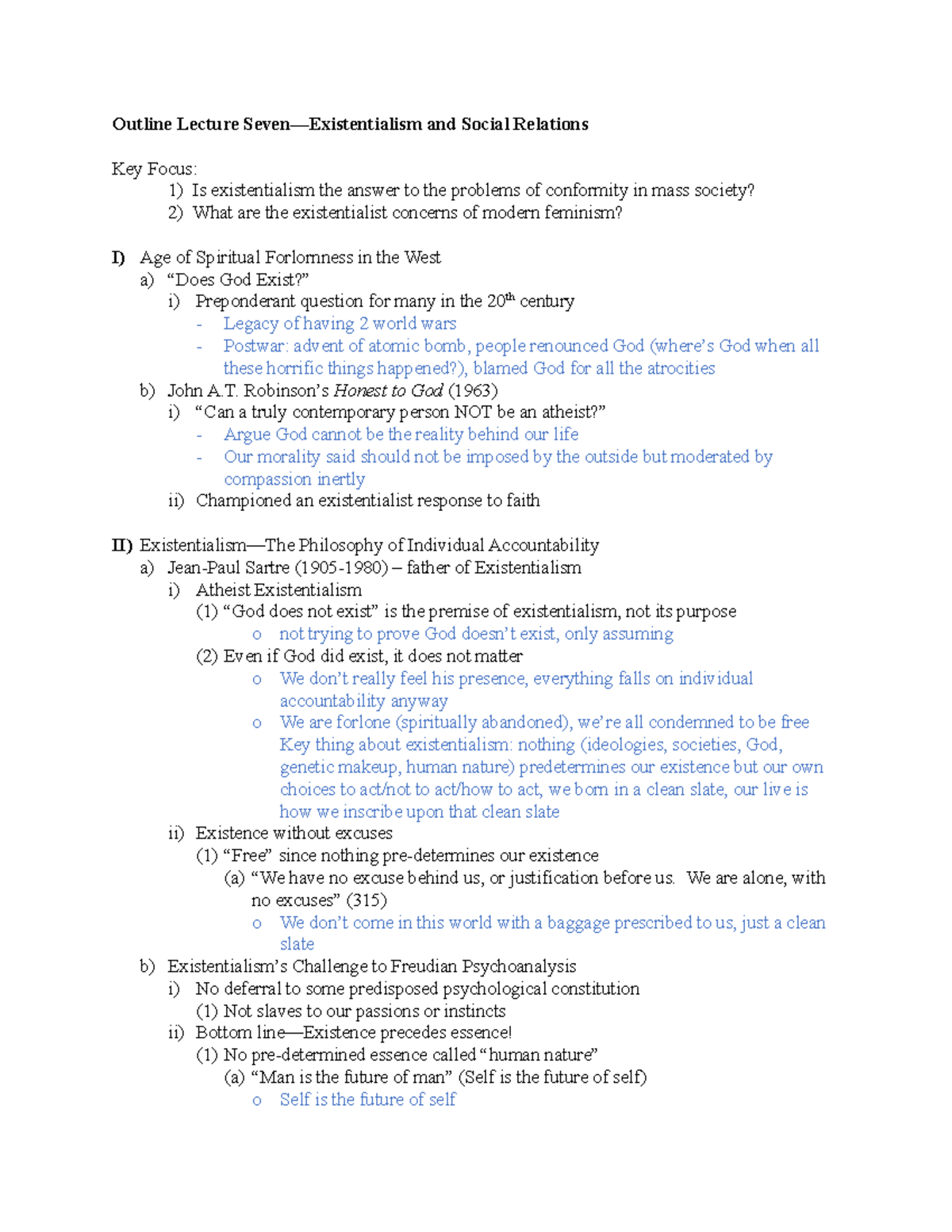 Outline Lecture Seven—Existentialism and Social Relations - Outline ...