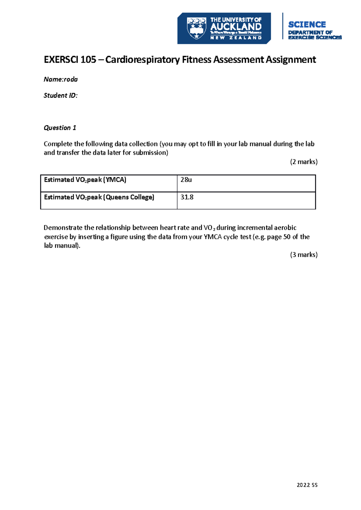 Exersci 105 Cardiorespiratory Fitness Assessment Assignment - EXERSCI ...