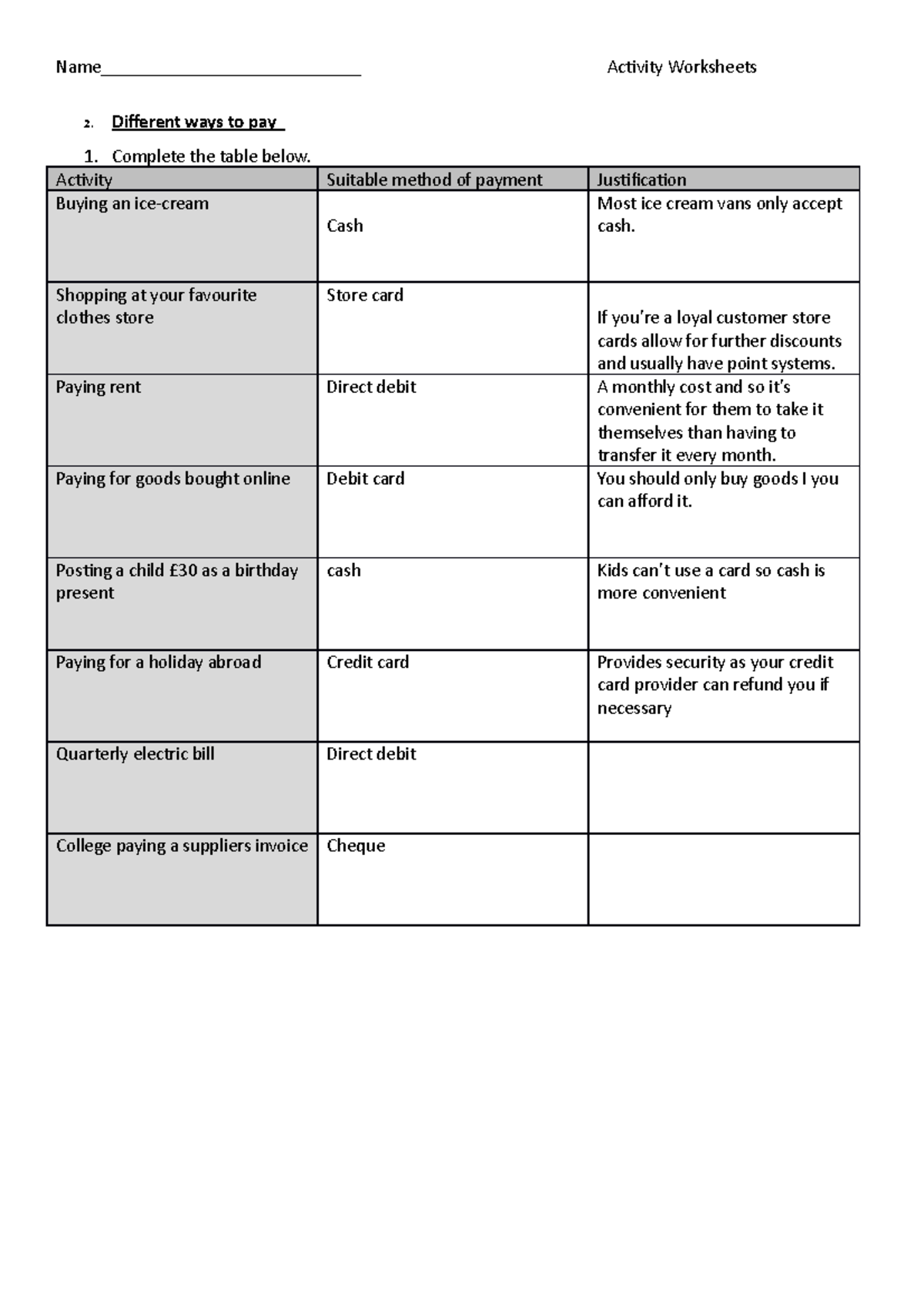 2 Different ways to pay - Name____________________________ Activity ...