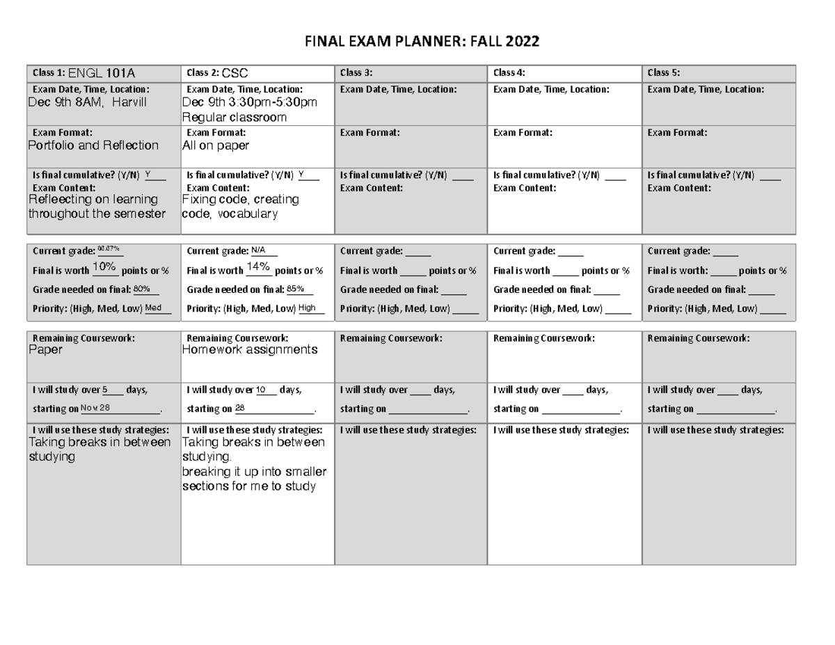Final Exam Planner Fall 2022 - FINAL EXAM PLANNER: FALL 202 2 Class 1 : Class 2 : Class 3 ...